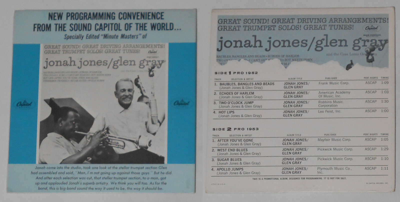 Jonah Jones Glen Gray - Minute Masters ep - U.S. promo 7" vinyl ...