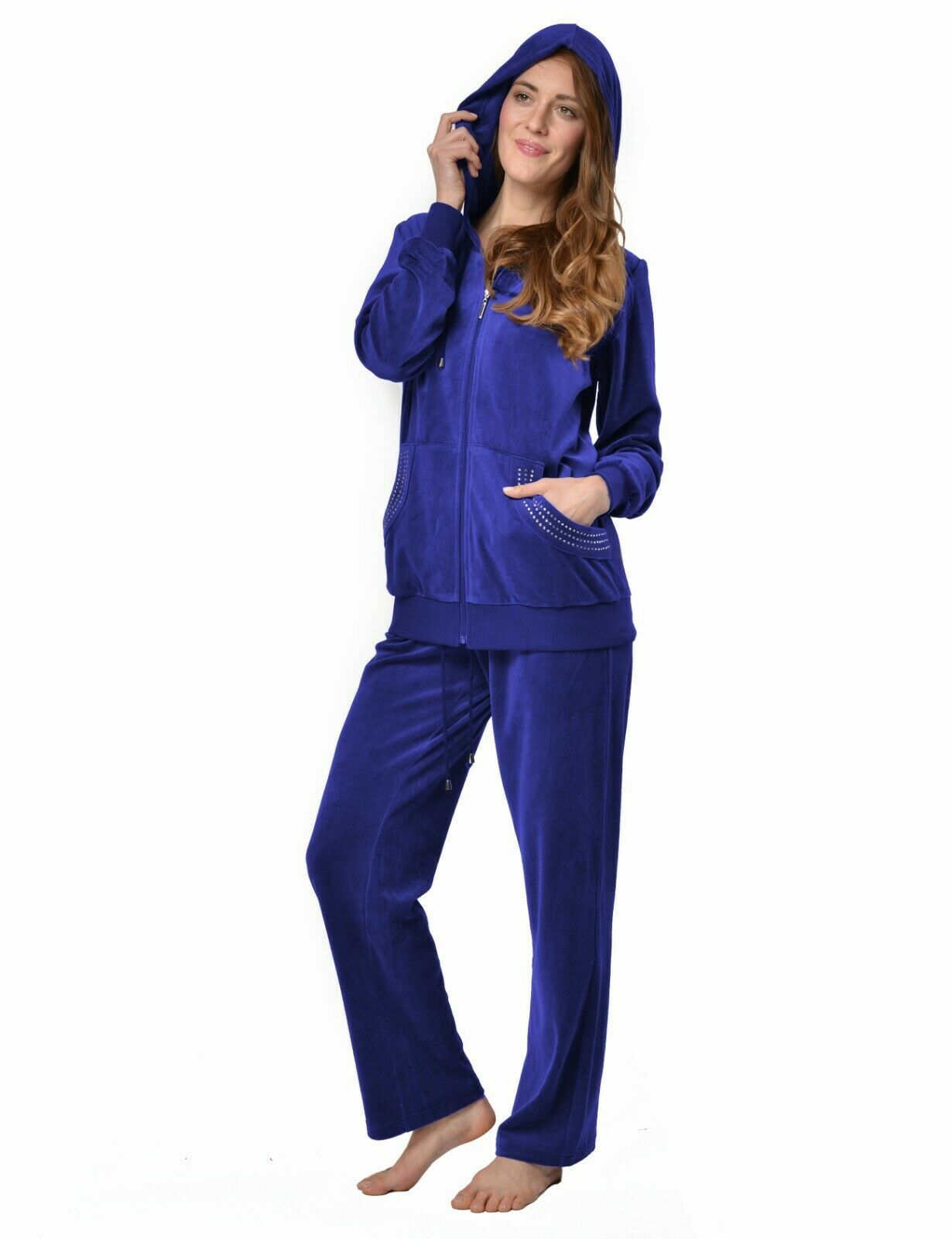 Damen Jogginganzug Samt Velours Hausanzug mit Strass Kapuze ...