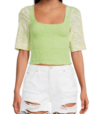 FREE PEOPLE MARIGOLD SMOCKED TOP OB1434162 SQUARE NECK KEY LIME COMBO ...