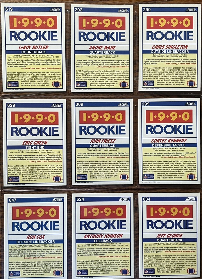 (9) 1990 Score Football Rookie Cards. Jeff George, Singleton, Ware ...