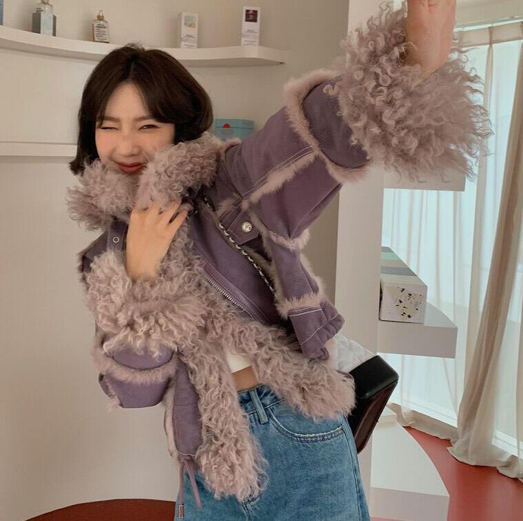 Rabbit Fur Coat Women's Short Biker Jacket Lamb Fur Collar Punk Leather ...