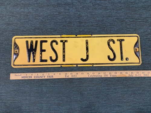 Vtg WEST J ST Street/Road Sign 24 "x 6" Pressed/Embossed/Raised Steel ...