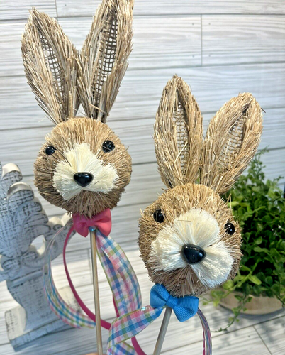 2x Easter Farmhouse HOPPY Rabbits Straw Bunny Heads Rabbit Floral Picks ...