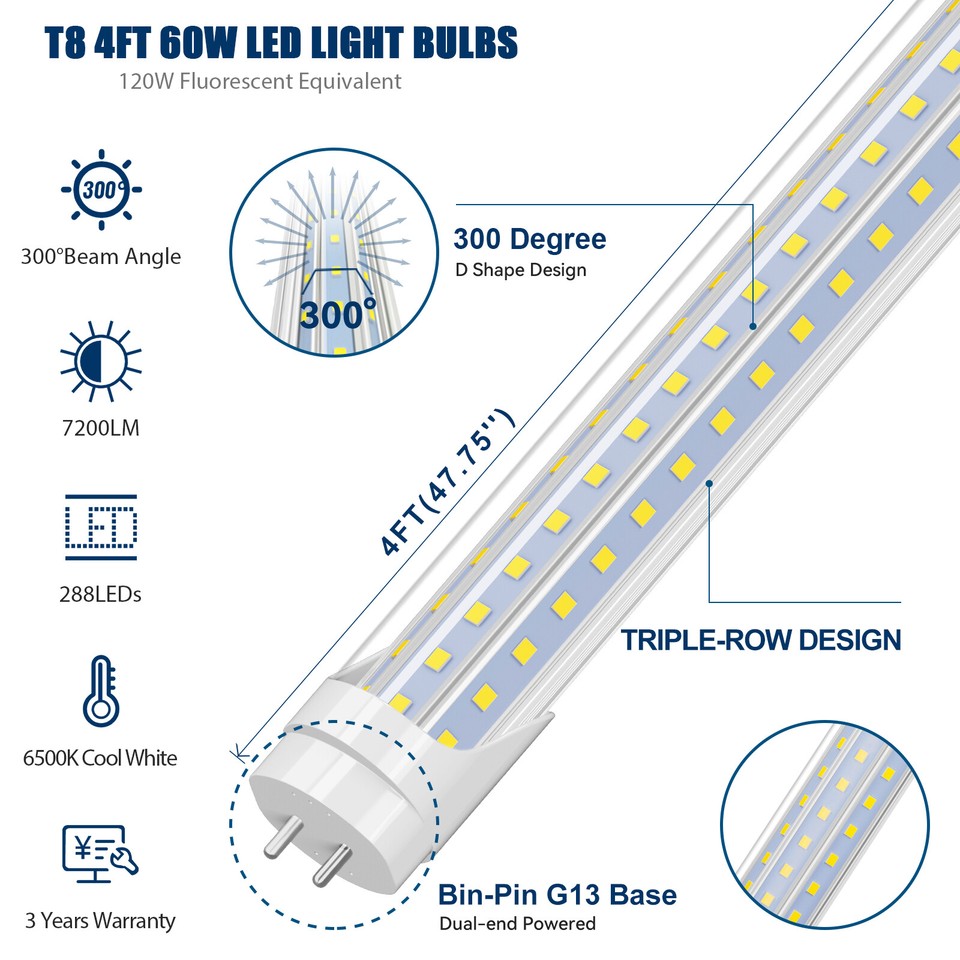 T8 4FT G13 LED Tube Light Bulbs 60W 6000K LED Shop Lights Garage ...