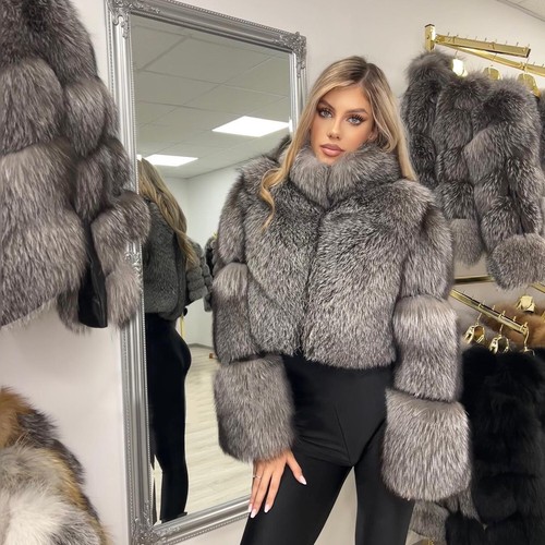 Women Full Pelt Real Silver Fox Fur Coat Nature Genuine Fur Thick Short ...