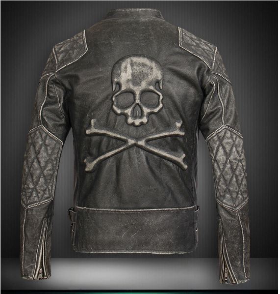 Real Distressed cross bone Skull Slim fit Moto Biker Leather jacket ...