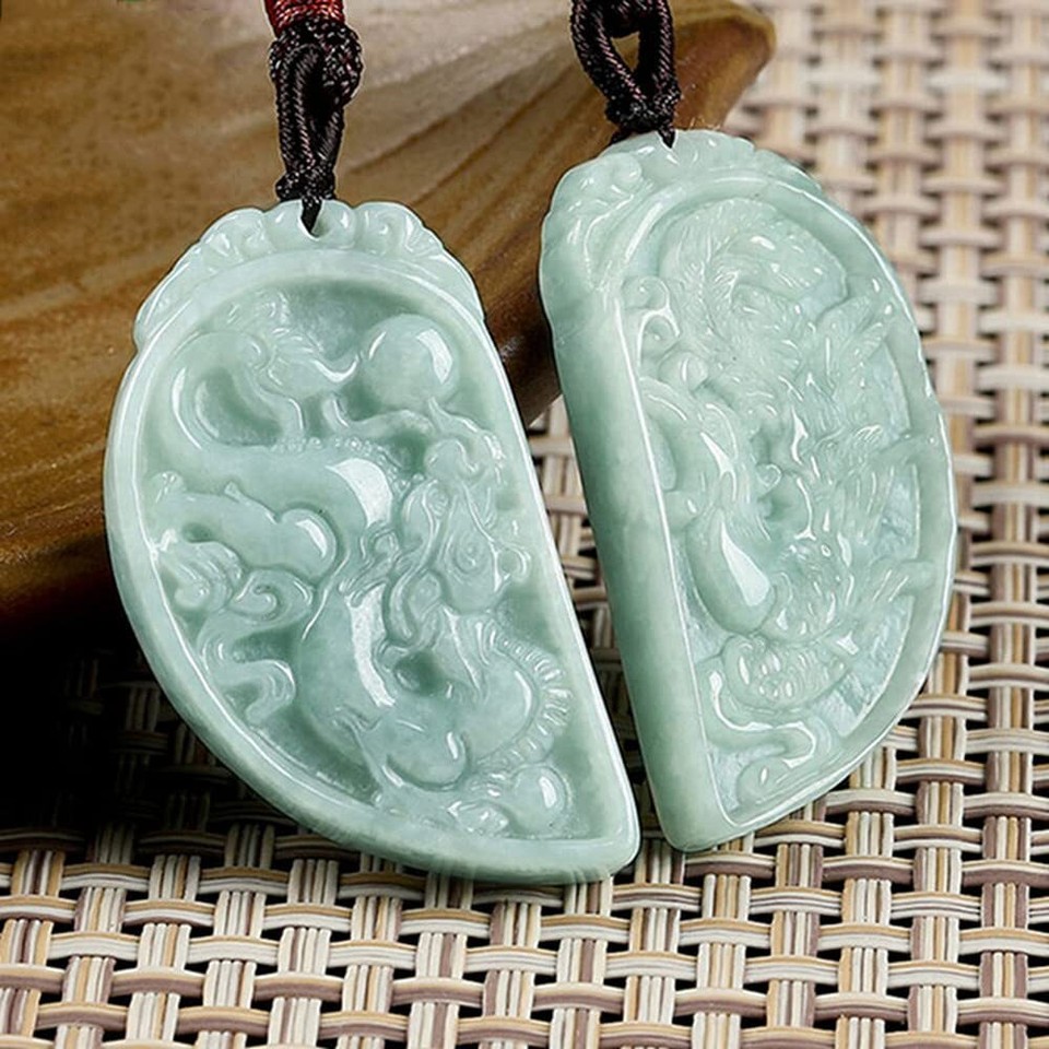 A Pair Jade Necklace Pendant Phoenix Dragon Jewelry Lucky Creativity ...