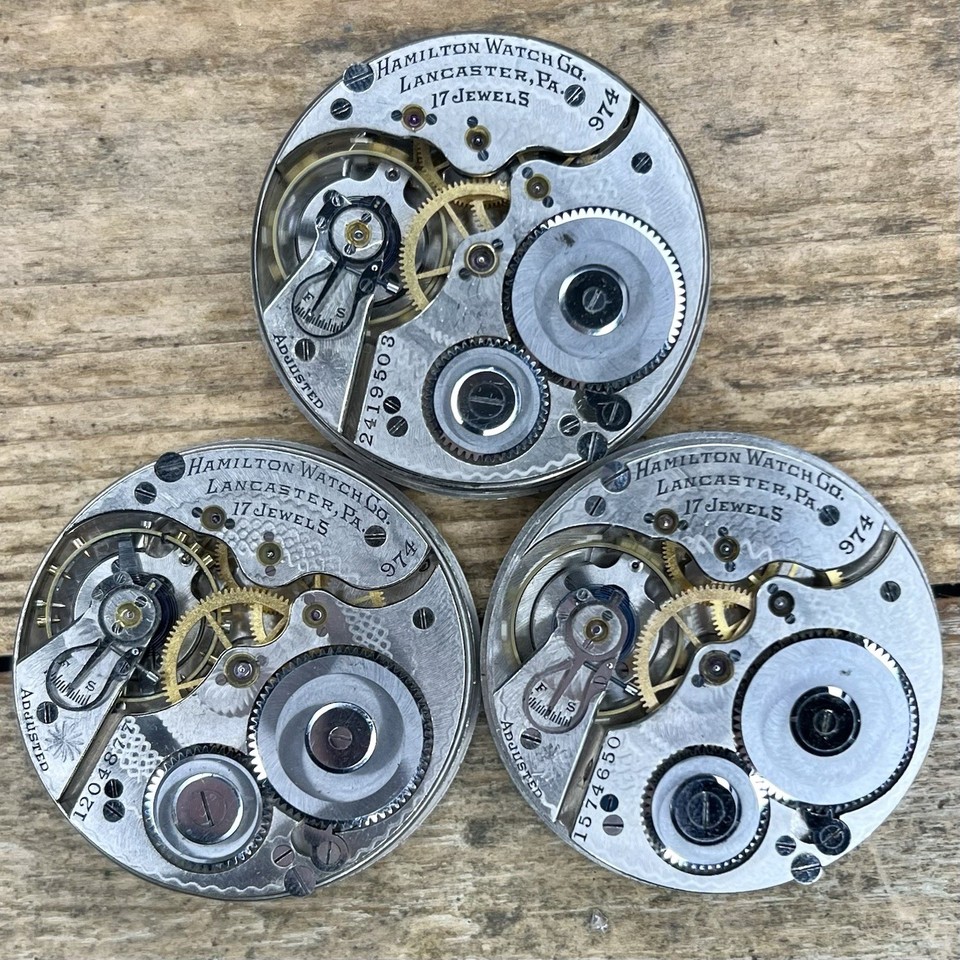16s Hamilton Pocket Watch Movements - Grade 974 - 17 Jewels, Adjusted ...