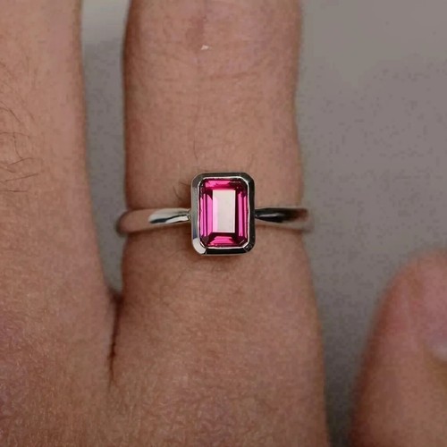 1CT Emerald Cut Lab-Created Pink Ruby Women's Wedding Ring 14K White ...
