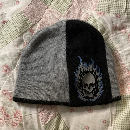 90s Y2k Kids Skater Skull Flame Reversible Striped Color block Beanie ...
