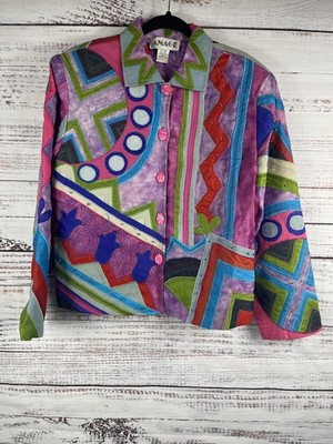 Anage Jacket Womens Large Multicolor Silk Patchwork Button Up Boho ...