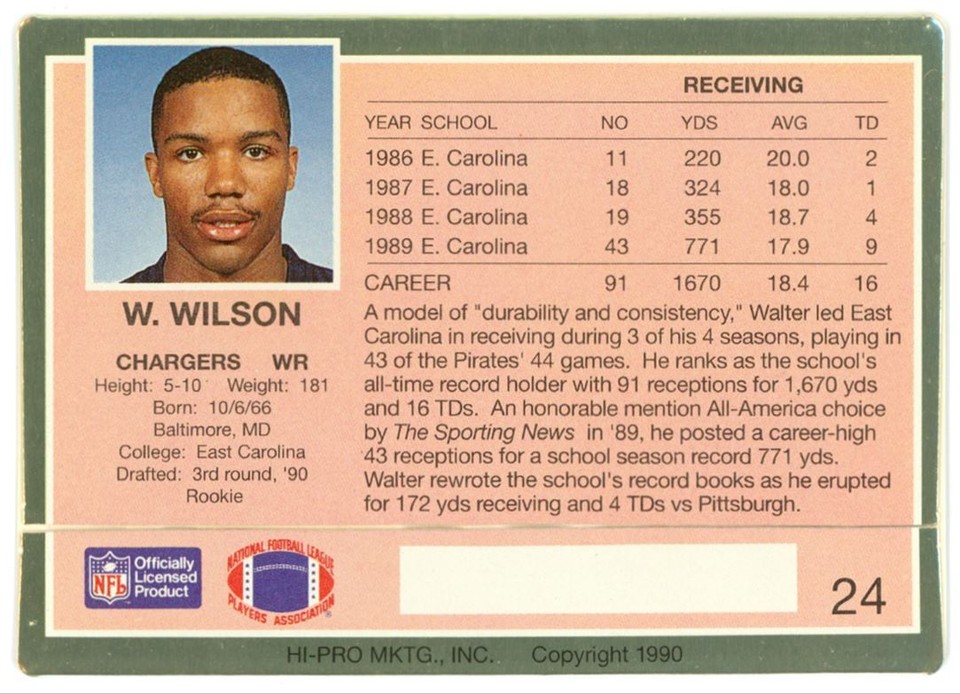 1990 Action Packed Rookie Update Walter Wilson RC San Diego Chargers ...
