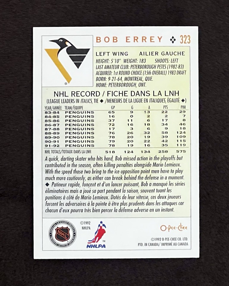 Bob Errey Signed 1992 0-PEE-CHEE Card Pittsburgh Penguins Stanley Cup ...