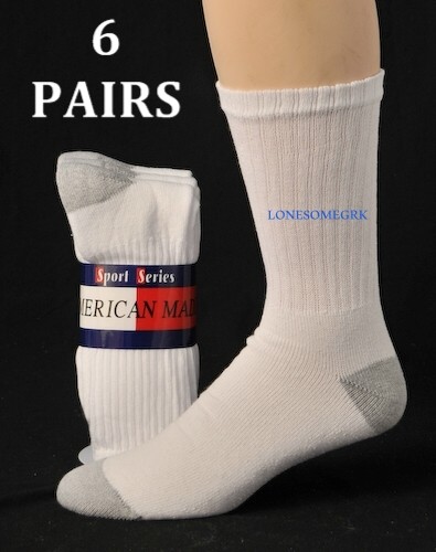 6 Pairs Mens Lightly Cushioned White Cotton Crew Socks US Made Fits 8 ...