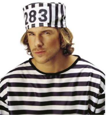 Mens Prisoner Convict Costume Striped T-Shirt Hat Halloween Fancy Dress ...