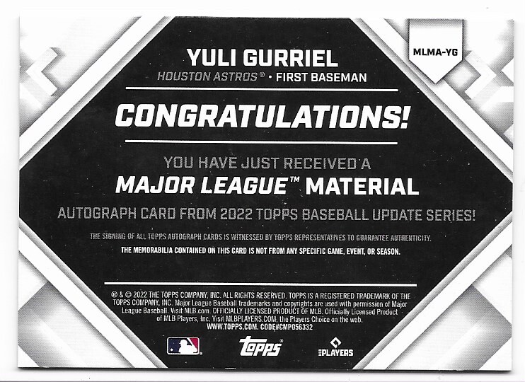 2022 Topps Update Major League Material Auto Relic Yuli Gurriel #46/50 ...