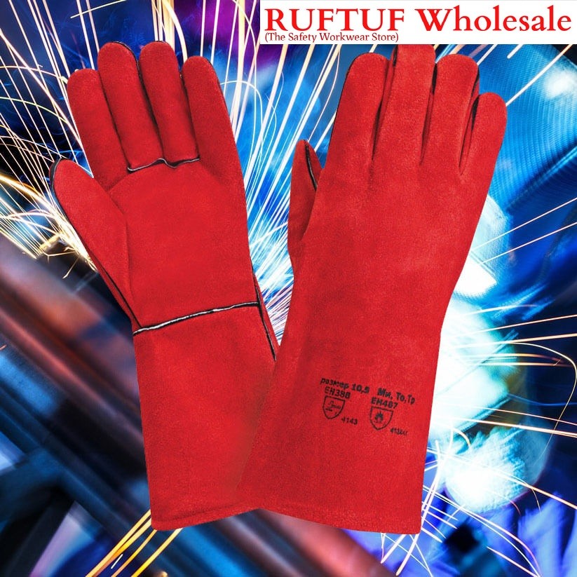 50 X Red Superior Mig Welding Gauntlets Heat Resistant Leather Safety ...