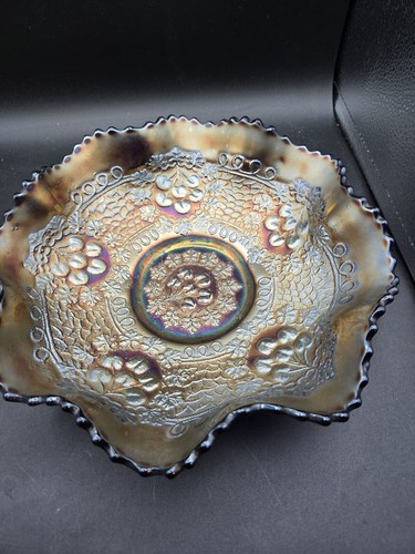 Fenton Cherry Chain Bowl Ruffled Crimped Cobalt Amethyst Carnival Glass ...