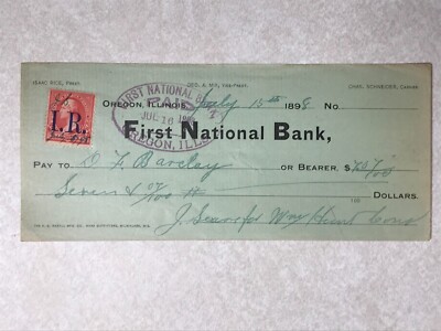 SBB37 Bank Check First National Bank 1898 Oregon IL Illinois Revenue ...