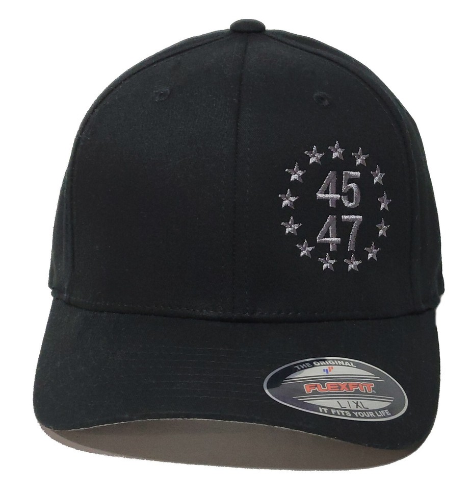 President Trump MAGA Gray 45-47 Embroidered FLEXFIT Black Cap Hat, 5001 ...