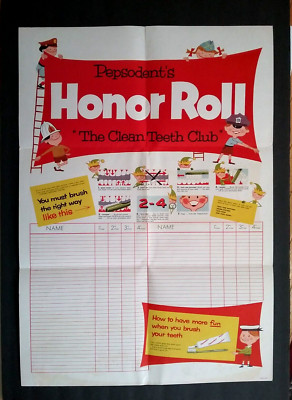 "PEPSODENT TOOTHPASTE" VINTAGE 1954 "CLEAN TEETH CLUB HONOR ROLL POSTER ...