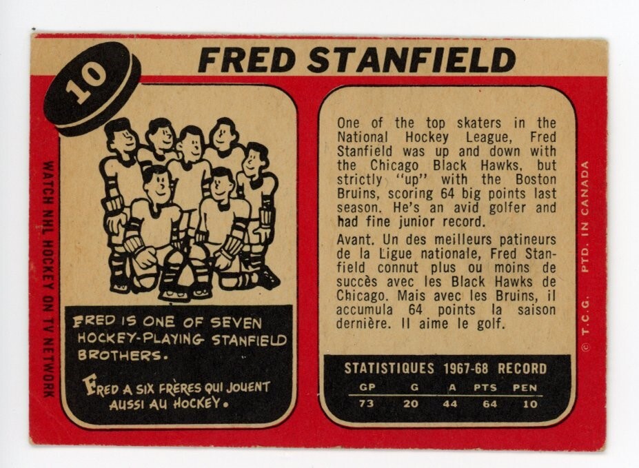 1968-69 OPC O-Pee-Chee #10 FRED STANFIELD Boston Bruins GD/VG Rare ...