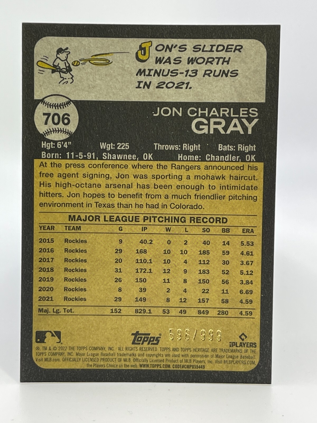 2022 Topps Heritage High JON GRAY Rangers #706 CHROME 596/999 Free ...