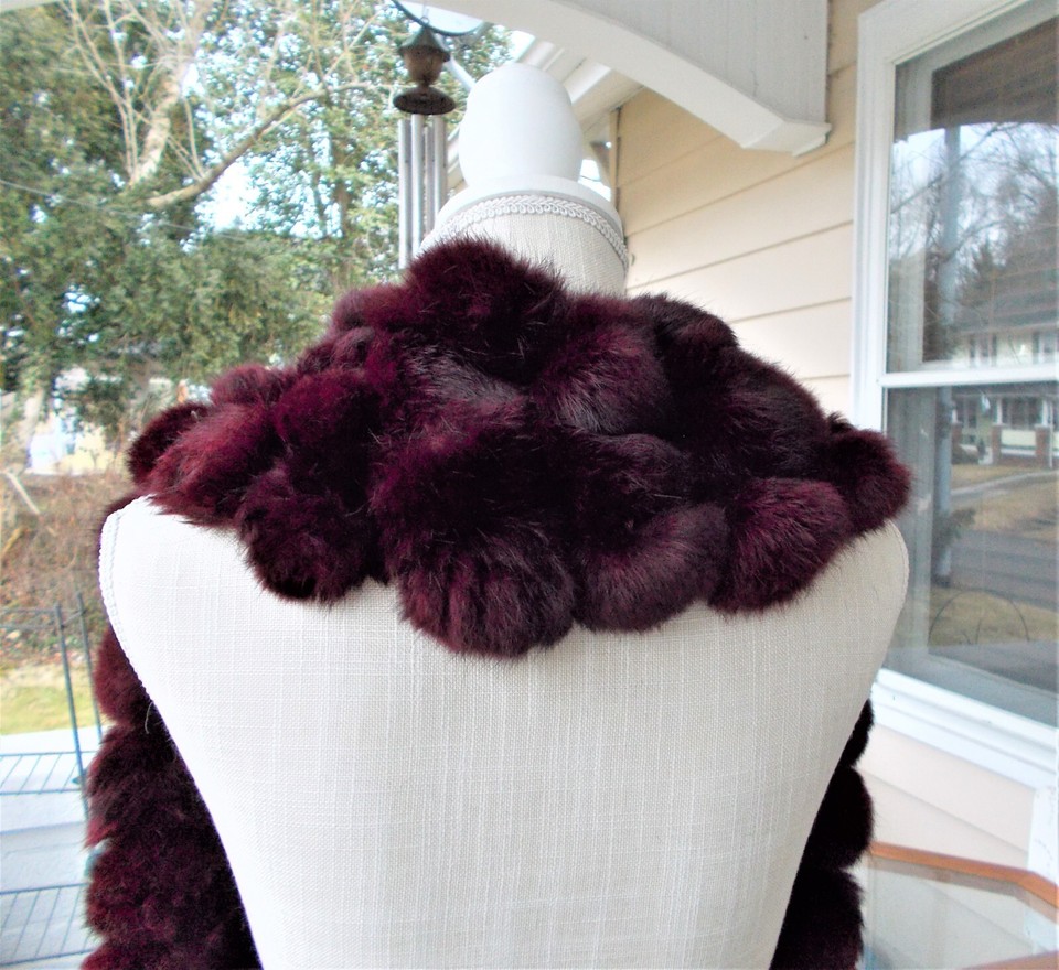 Women's Cejon Deep Dark Red Burgundy Rabbit Fur Ball Scarf 60" Long ...