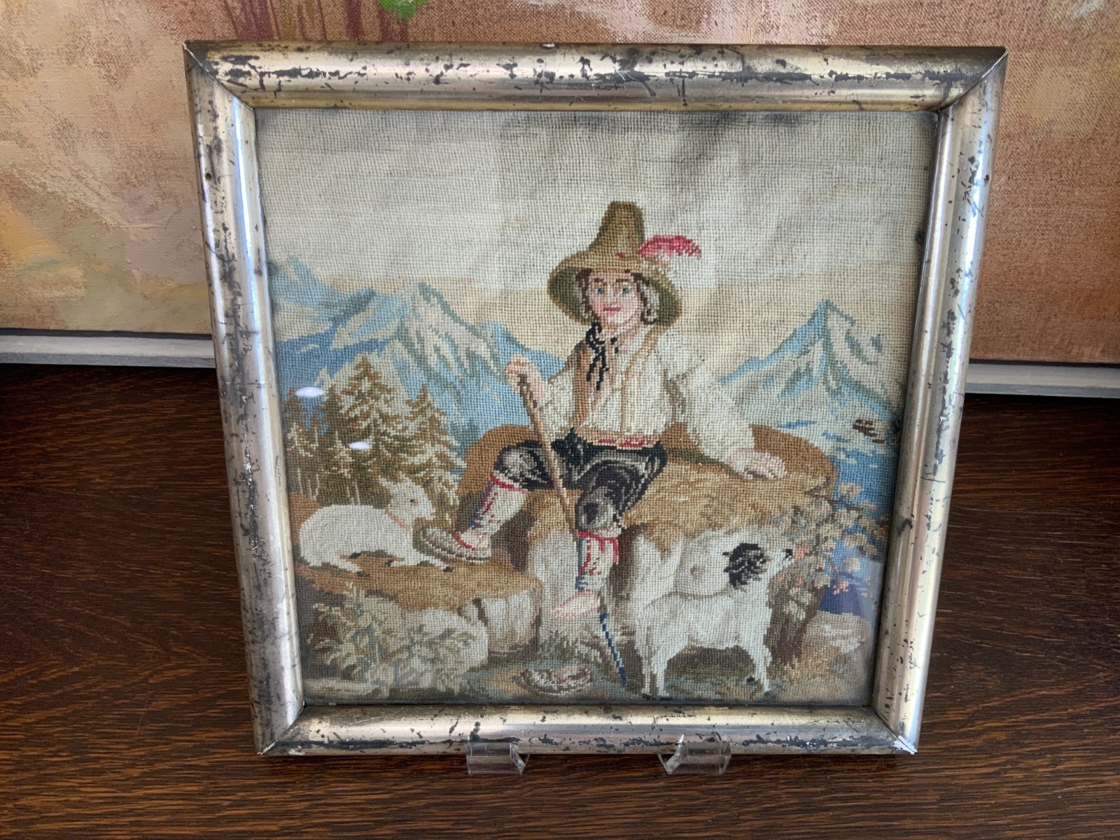 European Framed W/Glass Embroidery Charming Antique The Shepherd Boy ...