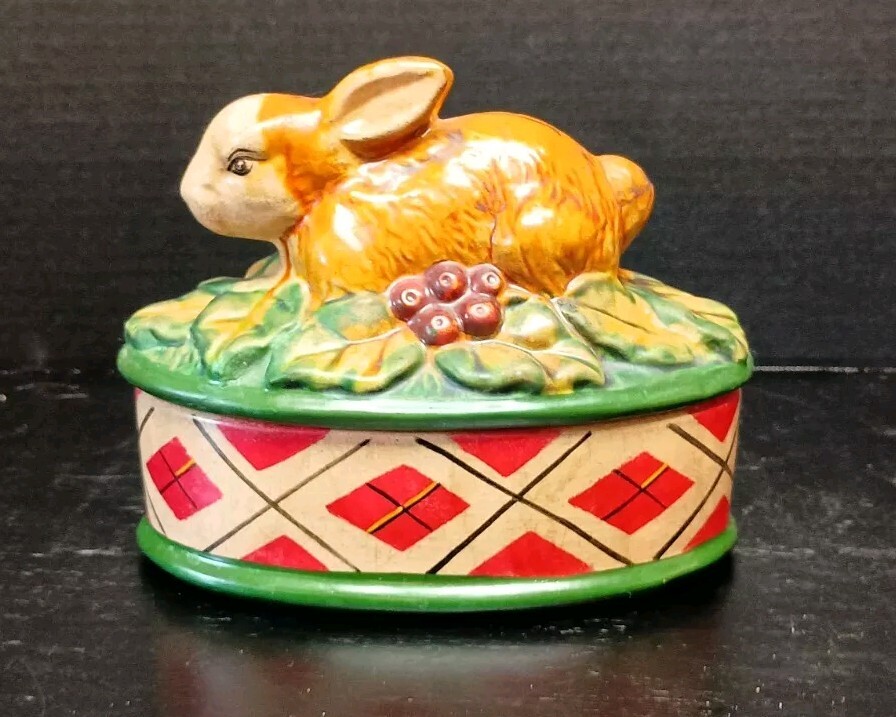 Vintage Majolica Rabbit Dish W/ Lid Trinket Jewelry Box Ceramic Pottery ...