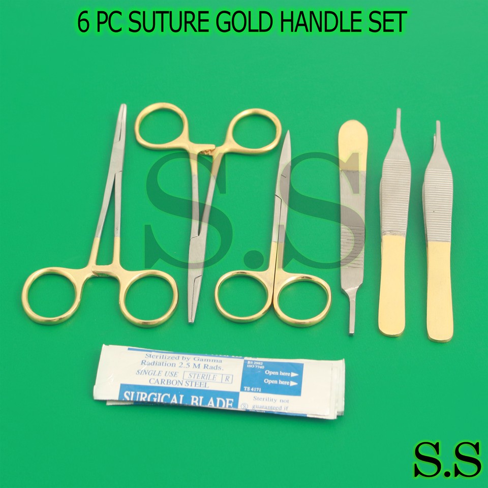 6 PC SUTURE GOLD HANDLE LACERATION SURGICAL INSTRUMENTS SET KIT+5 BLADE ...