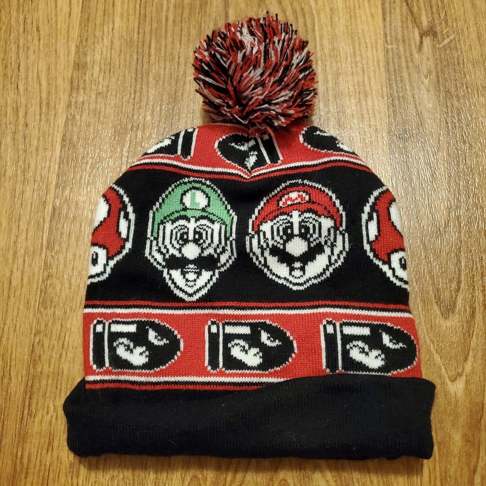 Super Mario Beanie Hat Youth Boys One Size Black Nintendo Mario & Luigi ...
