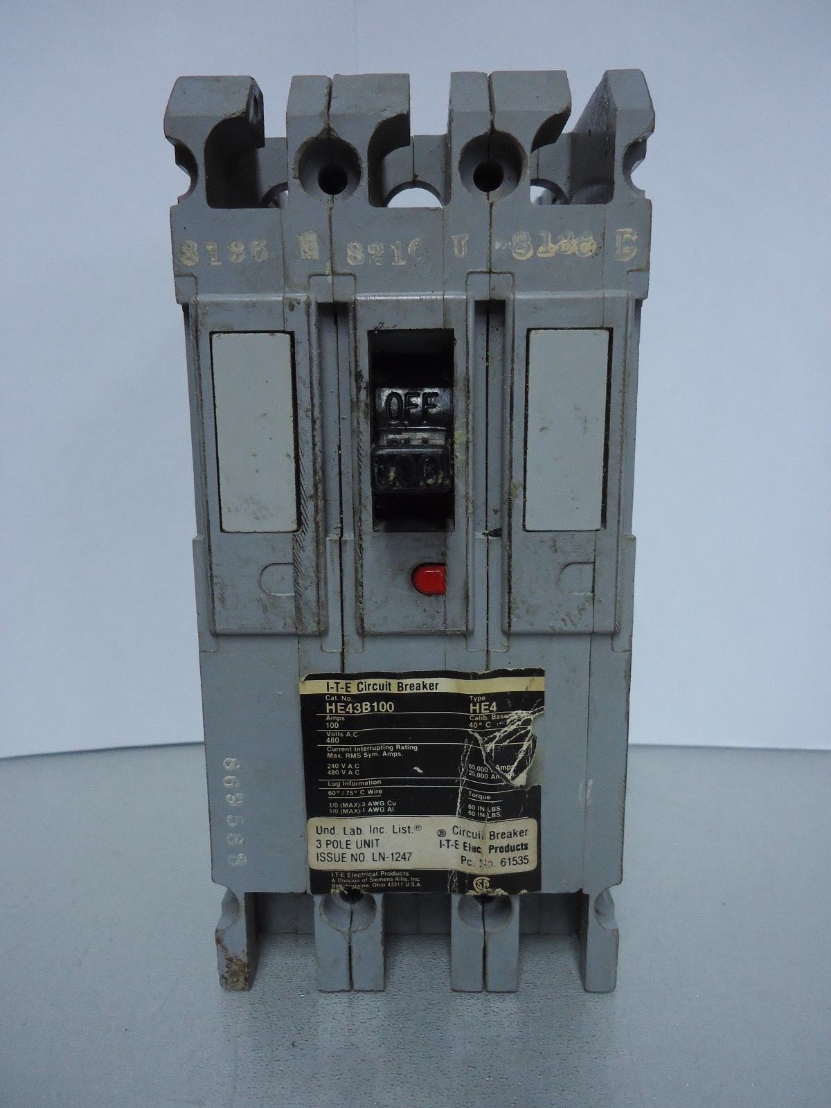 Nice ITE Gould HE43B100 100 Amp Sentron Series Circuit Breaker HE4 ...