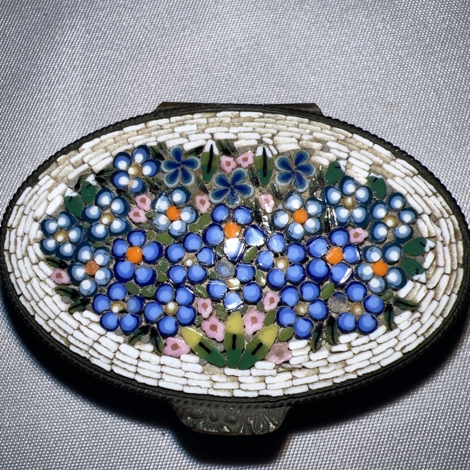 Vintage Oval Mosaic Gold tone Miniature Daisies Pill Box/Ring Box ...
