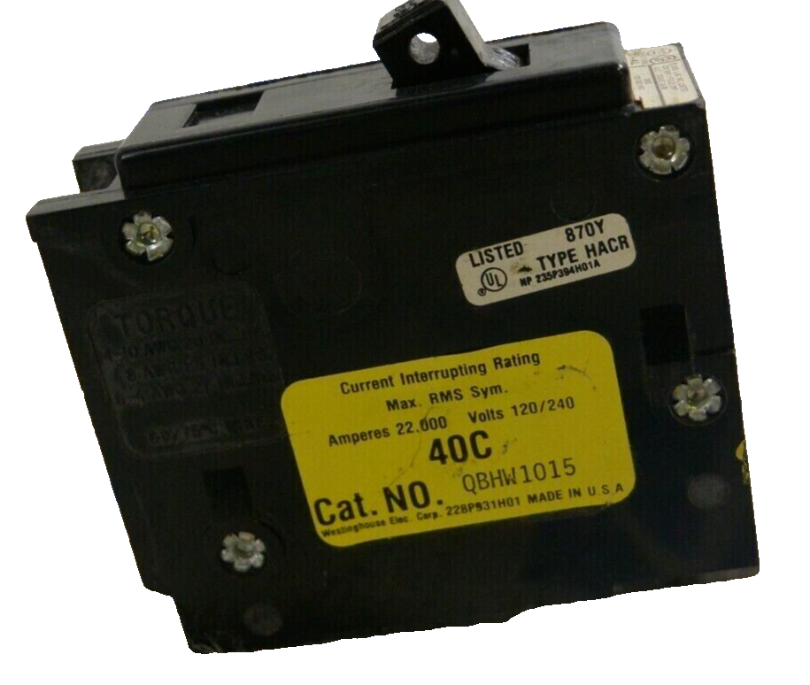 Westinghouse QBHW1015 1 Pole 15 Amp 22 kA 120/240 Volt Bolt-On Circuit ...