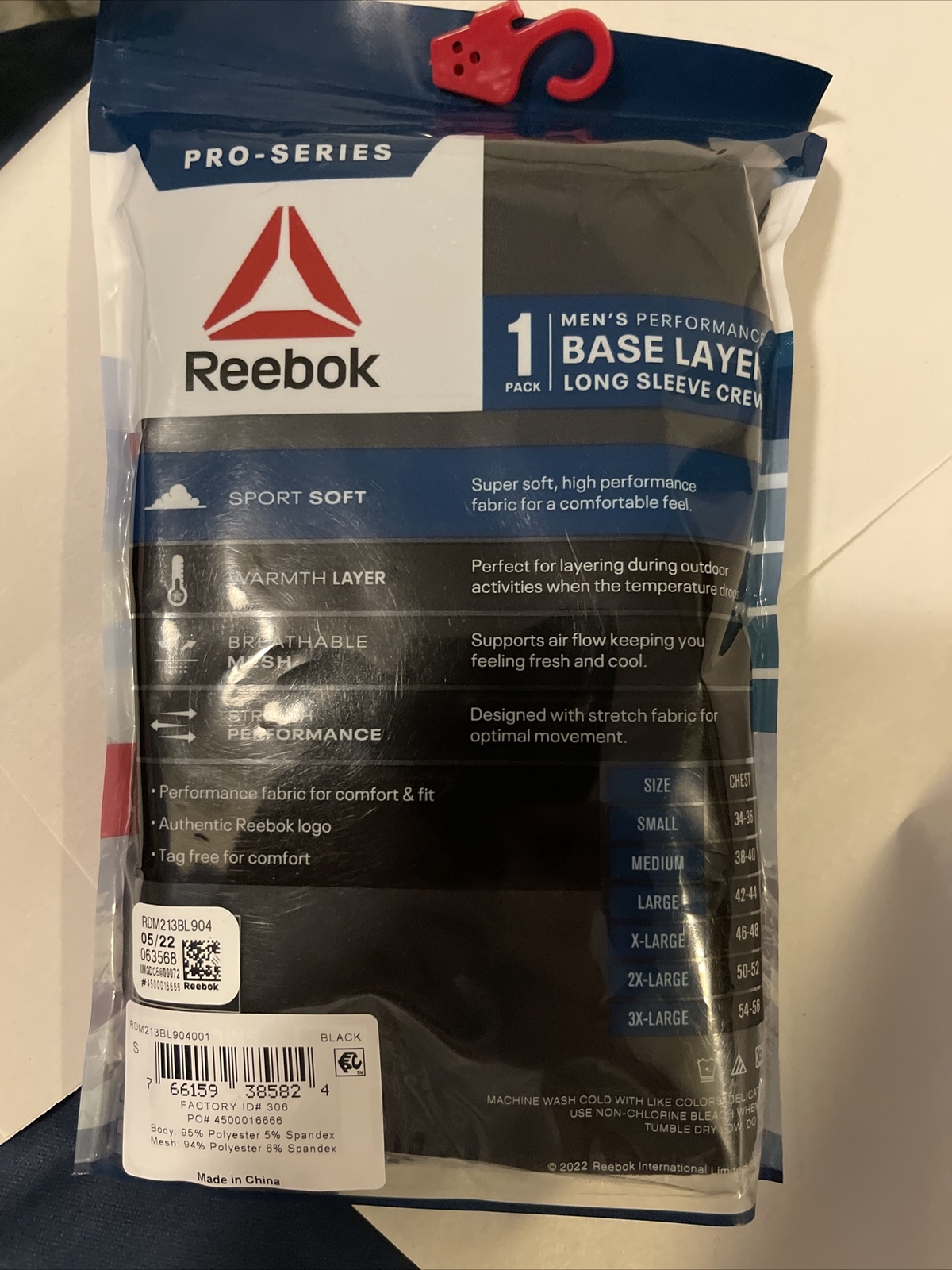 Reebok Performance Men's Base Layer Black Long Sleeve Pro Series Crew ...