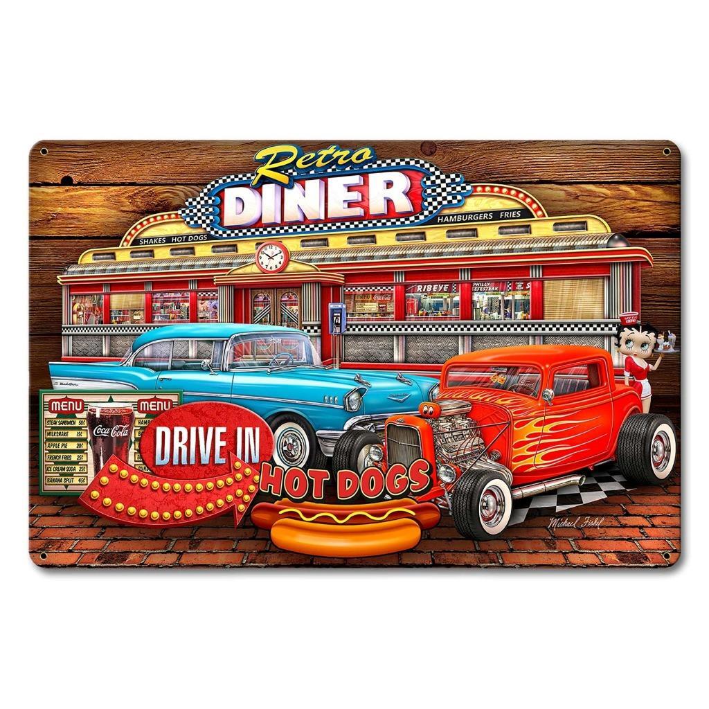 HOTDOG RETRO DINER DRIVE IN Hot Rod Body Shop Rat Rod Metal Sign Man ...