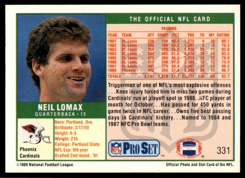 1989 Pro Set Neil Lomax Phoenix Cardinals #331 | eBay
