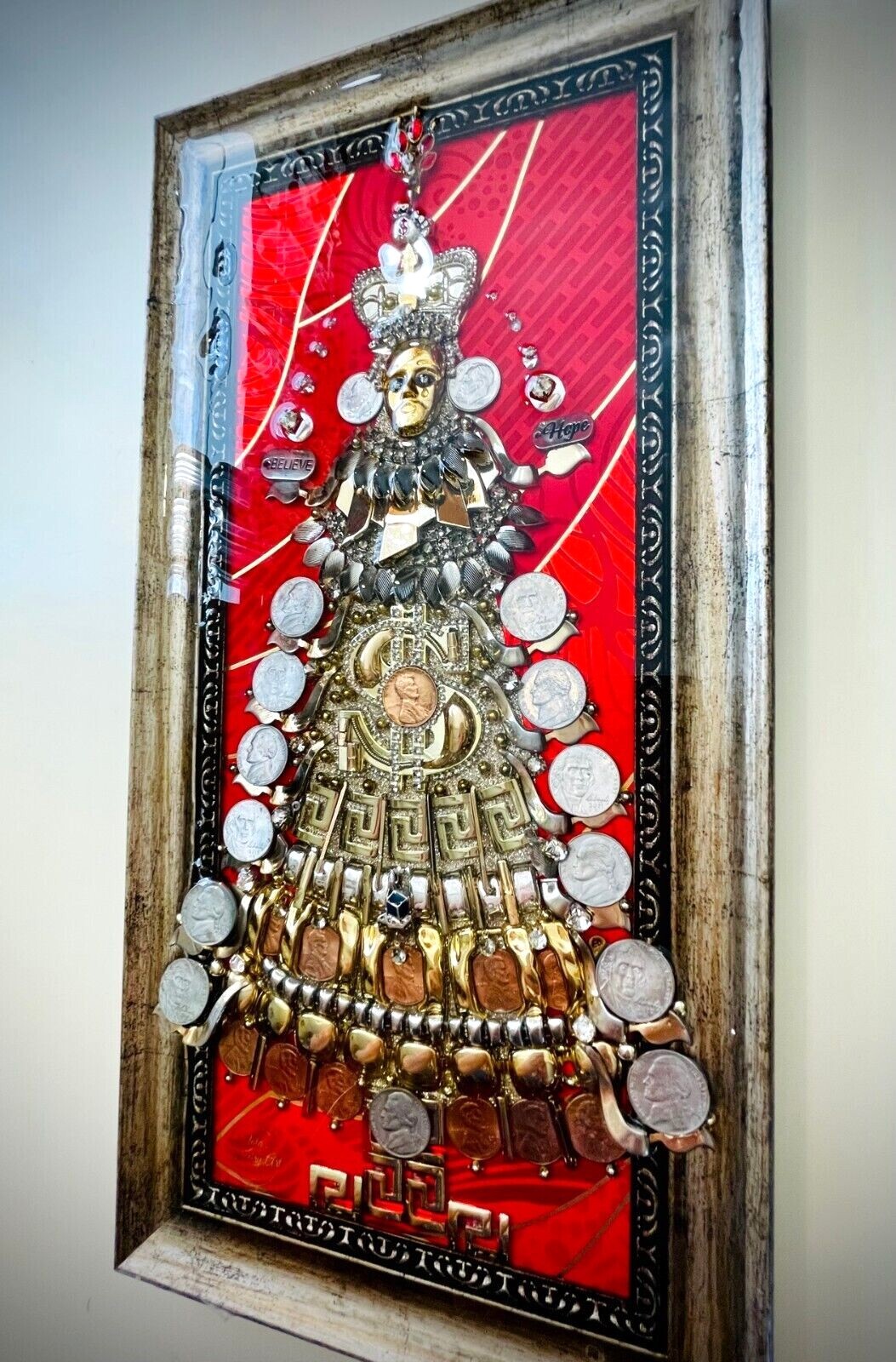 MONEY CHRISTMAS TREE, GOOD LUCK SYMBOL, FRAMED JEWELRY ONE OF A KIND ...