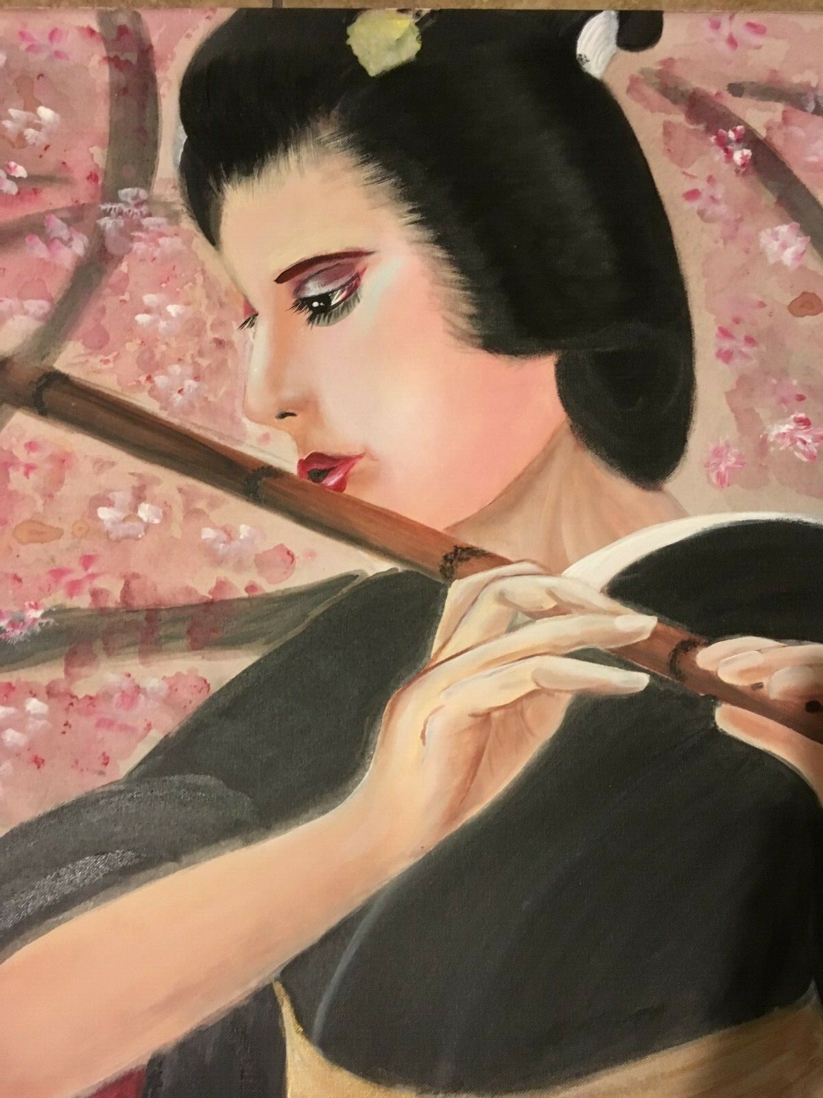 Japanese Geisha playing Shinobue 30" x 40" Original Acrylic Painting ...