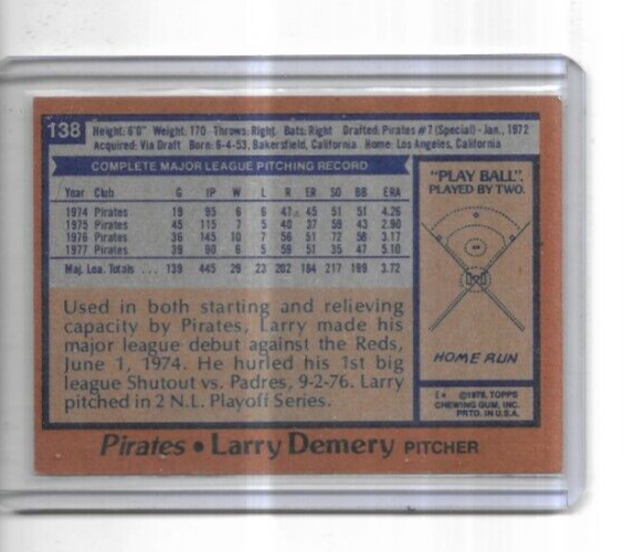 1978 Topps #138 Larry Demery Pittsburgh Pirates | eBay