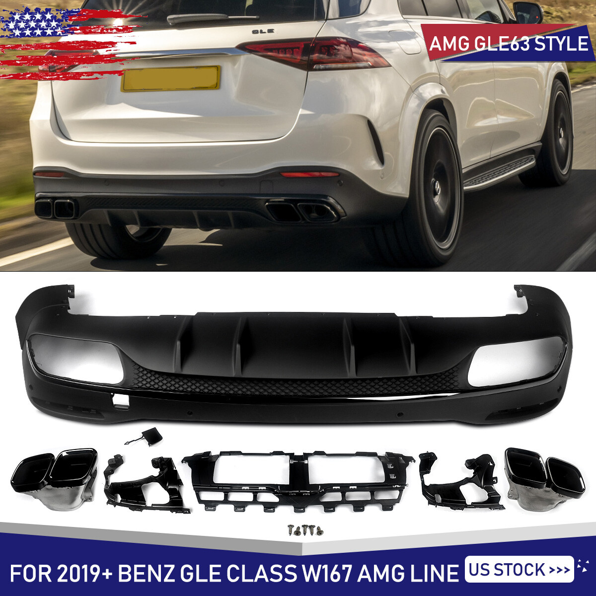 Fits Mercedes GLE Class W167 GLE63 Look Rear Bumper Diffuser+Exhaust ...