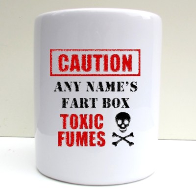PERSONALISED CAUTION TOXIC FUMES FART BOX FUN PRINT CERAMIC MONEY BOX ...