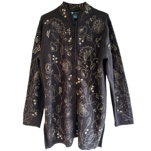 Carole Little Size L Brown Boiled Wool Gold Floral Embroidered Cardigan ...