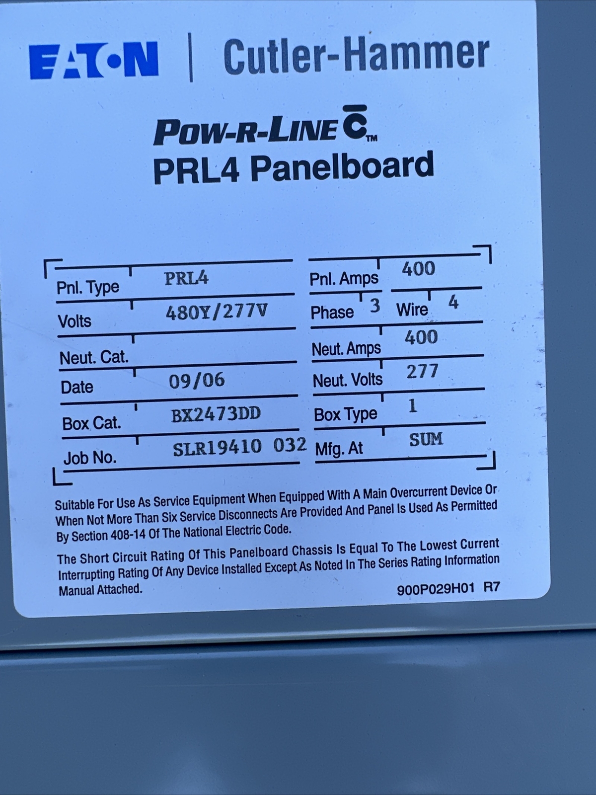 Eaton 400 Amp Main Lug 400 Amp 480V Panel PRL4 Great Condition No ...