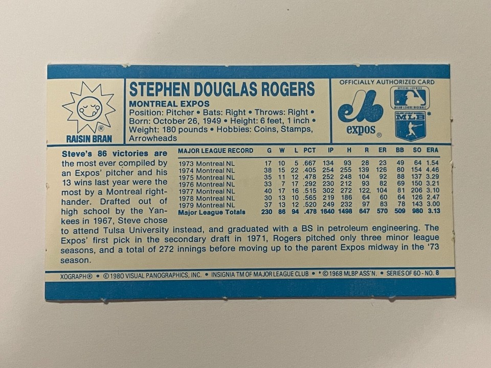 1980 Kellogg's 3-D Super Stars Baseball #8 - Steve Rogers - Montreal ...