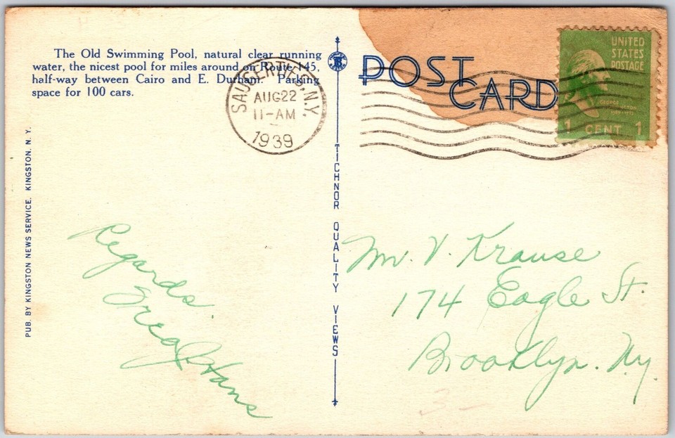 1939 Old Swimming Pool Clear Running Water Catskill Mts New York Posted ...