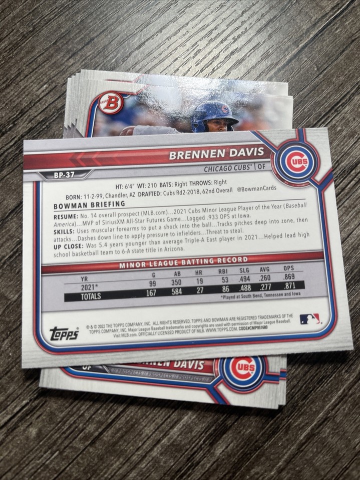 (8) 2022 Bowman Brennan Davis Prospect Card Cubs RC BP-37 Lot | eBay