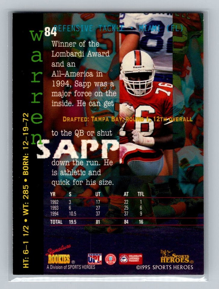 1995 Sports Heroes Warren Sapp RC#84 Football Tampa Bay Buccaneers MFBC ...