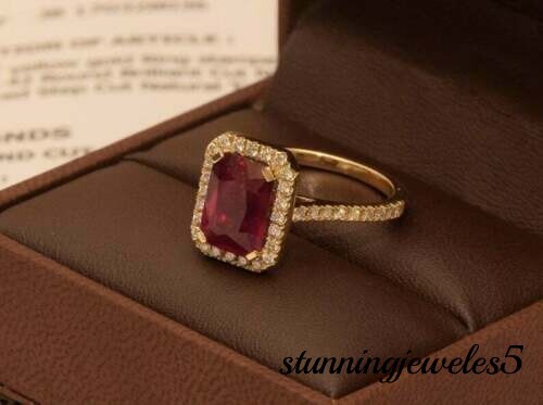 Emerald Cut Real Red Ruby 2CT Woman Wedding Halo Ring 14K Yellow Gold ...